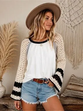 Hannah | Tops | Hannah Crochet Sleeve Boho Baseball Tee Top Cream Black ...